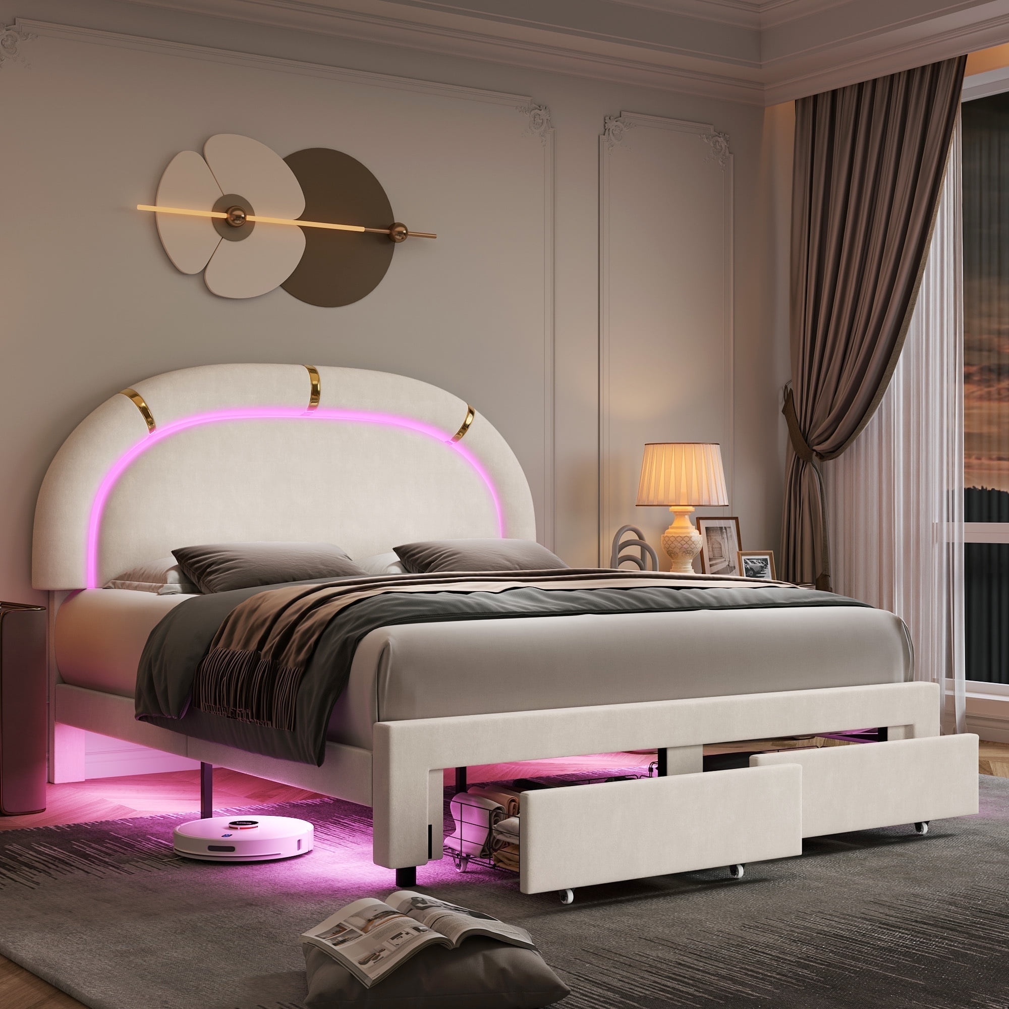 Homfa Full Size LED Bed Frame with Lights, Velvet Fabric, 2 Storage ...