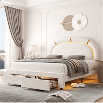 Queen Size Upholstered Platform Bed Frame with LED Lights for Kids ...