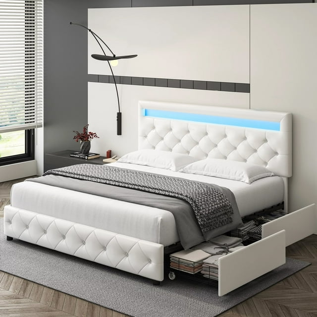 Homfa Full Size Modern LED Bed Frame with 4 Storage Drawers, PU ...