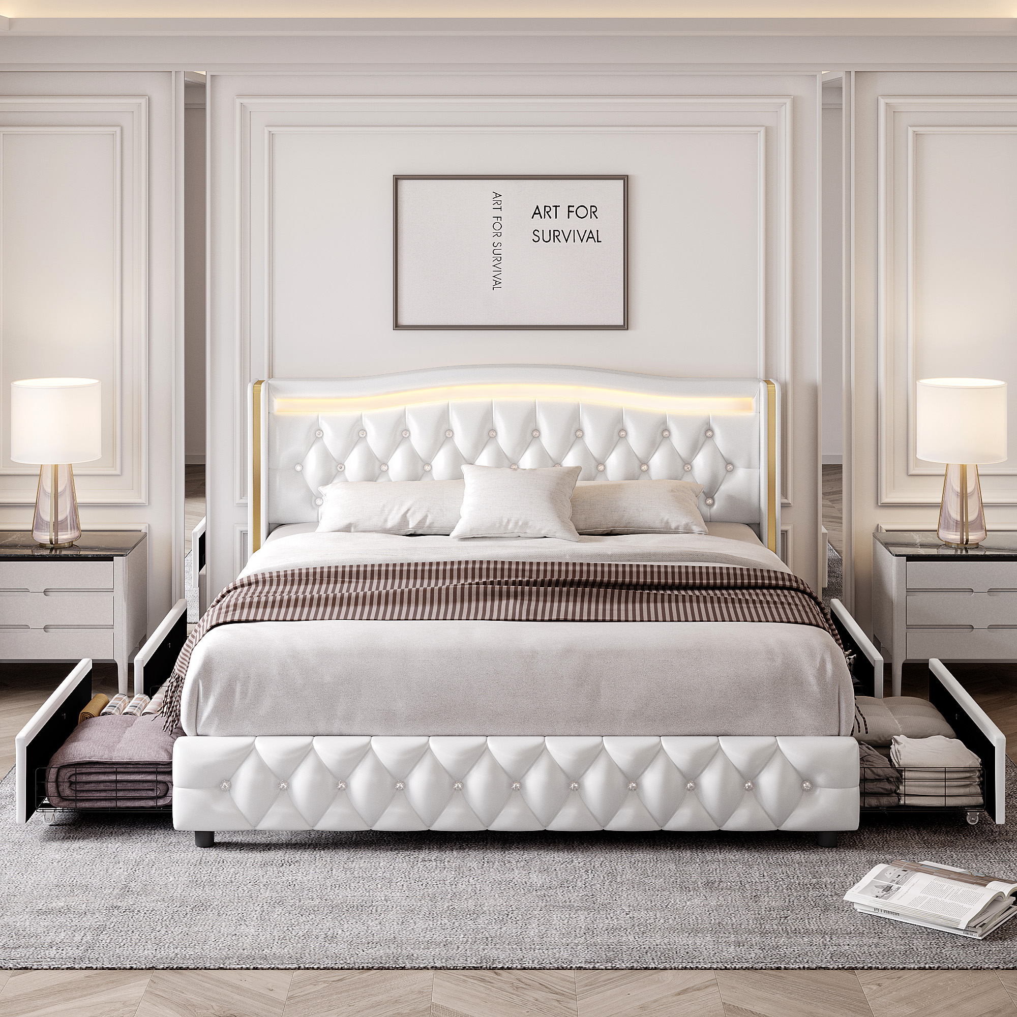 Homfa Faux Leather Storage Platform Bed Frame, Full White Bed Frame ...