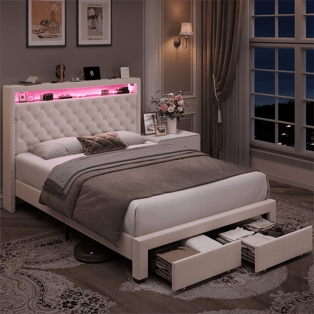 Homfa Full Size LED Bed Frame with USB Ports, Modern Storage Platform ...