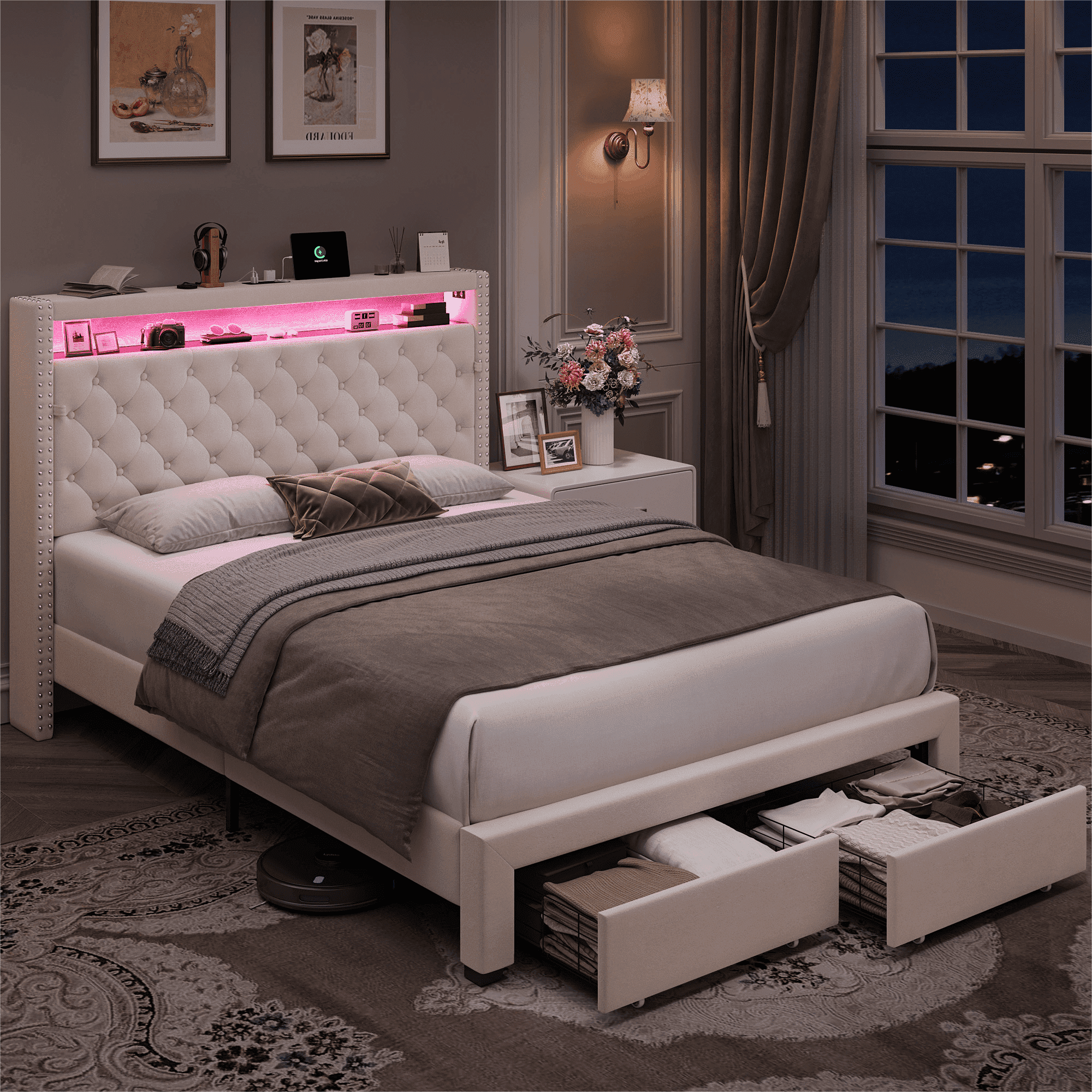 Homfa Full Size LED Bed Frame with USB Ports, Modern Storage Platform ...
