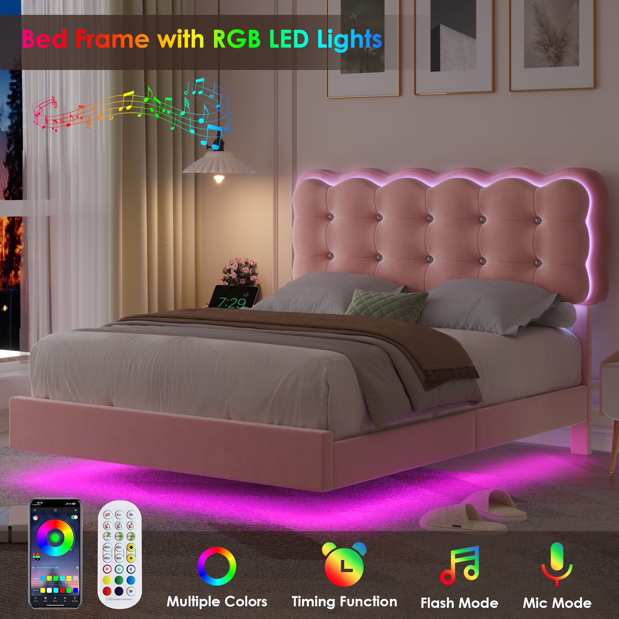 Homfa Full Size LED Floating Bed with Adjustable Curved Headboard & USB ...