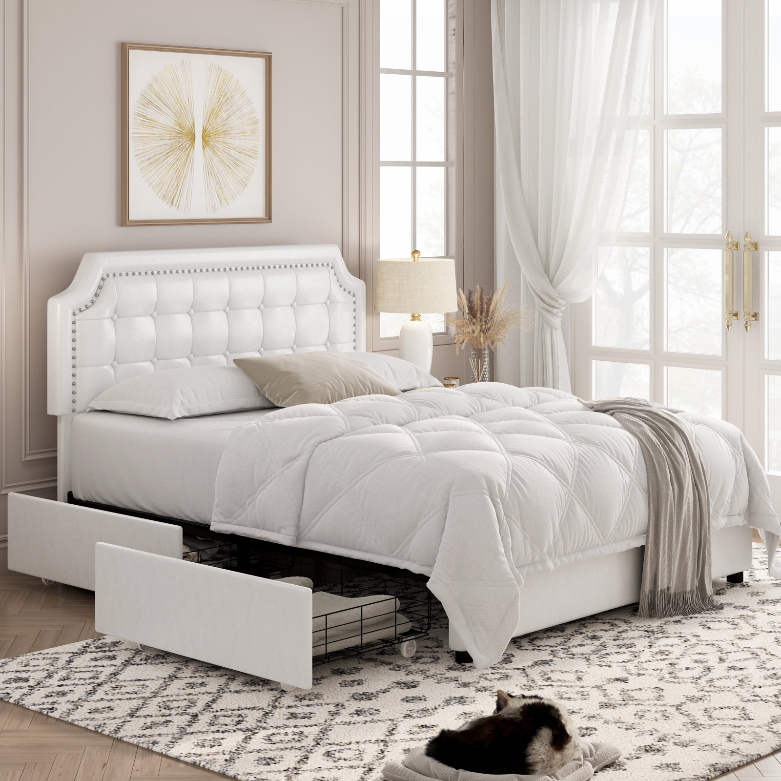 Homfa Full Size 4 Drawers Storage Bed Frame, Round Metal Tube Platform ...
