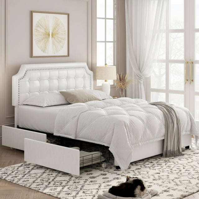 Homfa Full Size Bed with 4 Storage Drawers, PU Leather Upholstered ...