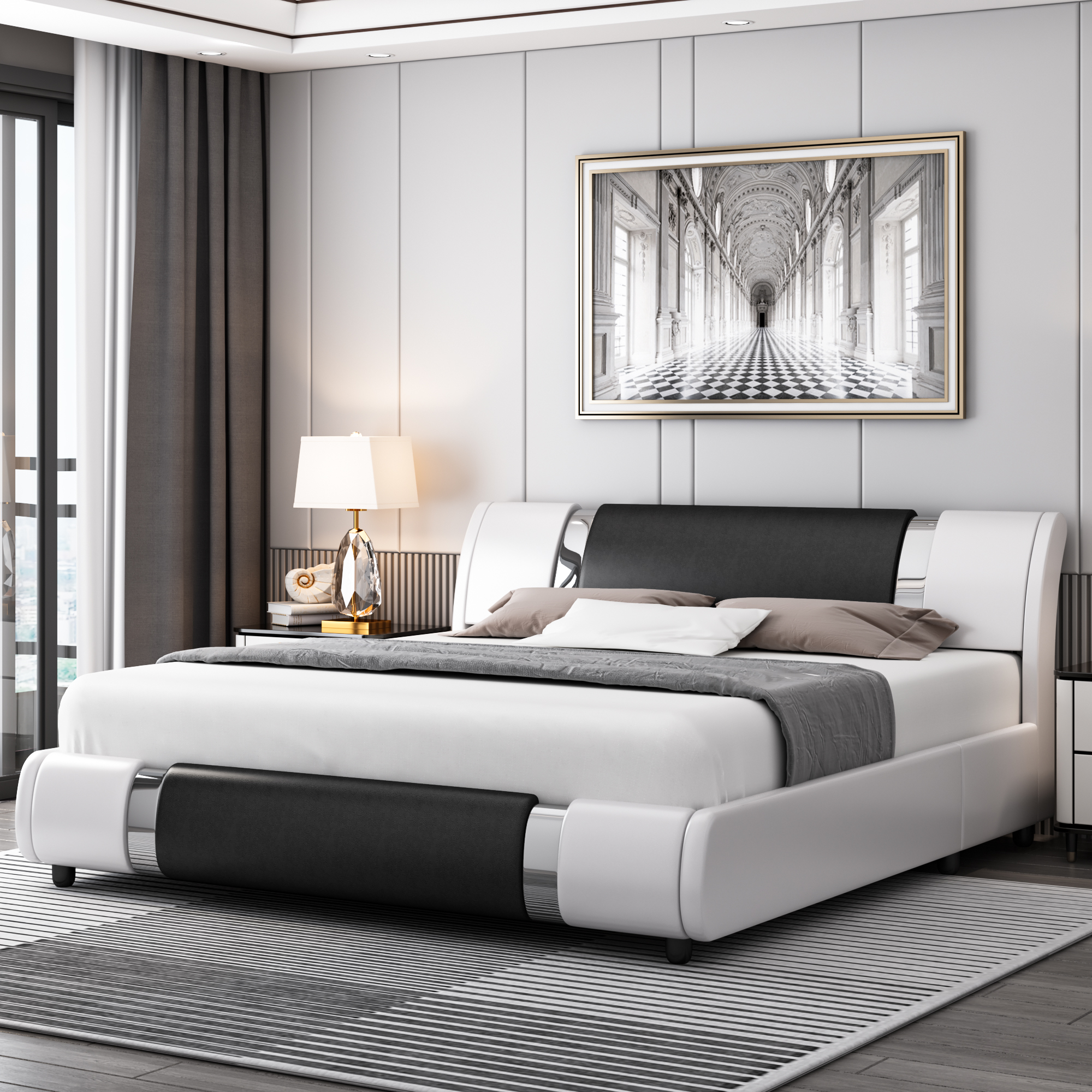 Allewie Full Size Deluxe Upholstered Modern Platform Bed with Iron ...