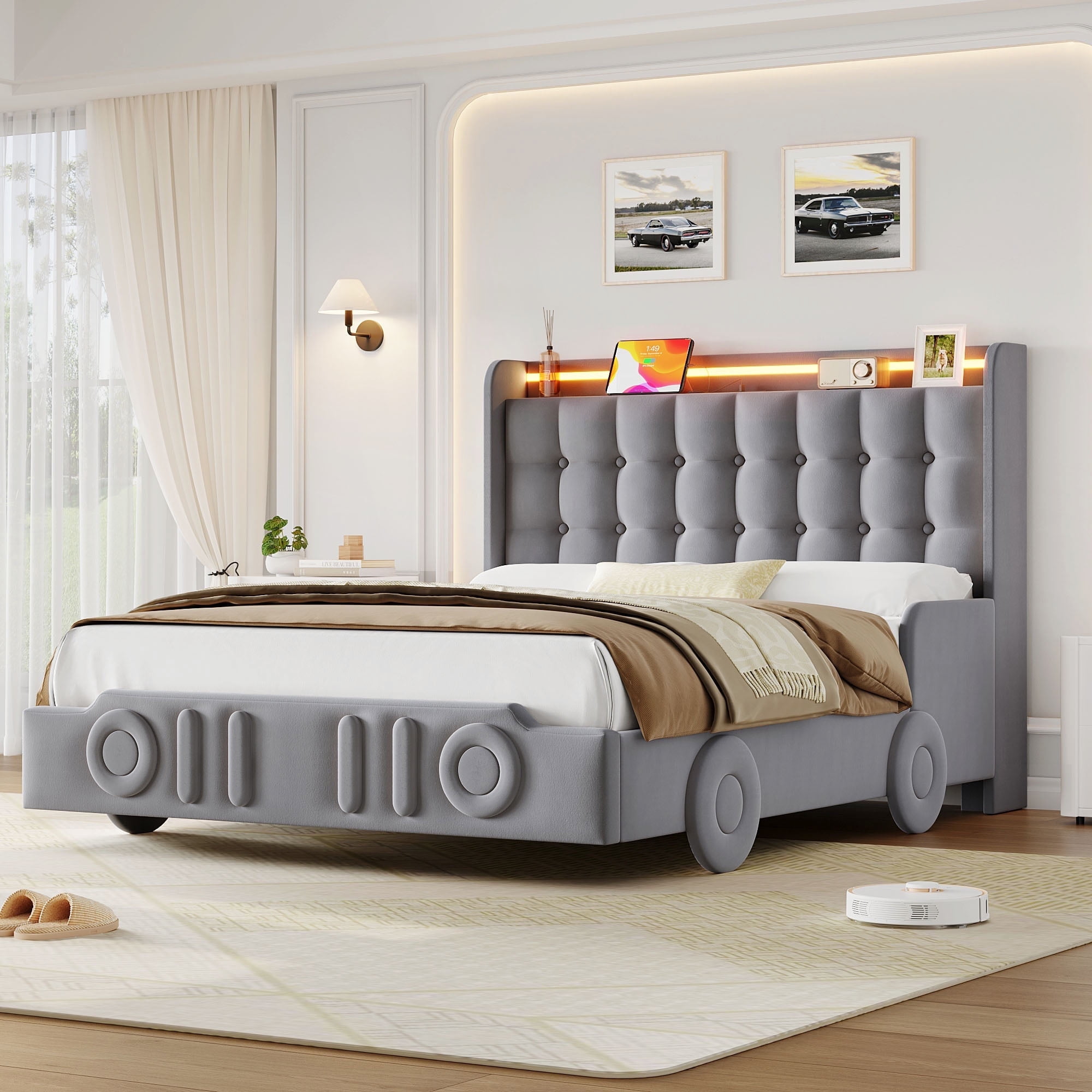 Homfa Full Size Upholstered Bed Frame with LED Strip Light and USB ...