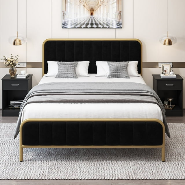 Homfa Full Size Velvet Upholstered Bed with Storage, Metal Platform ...