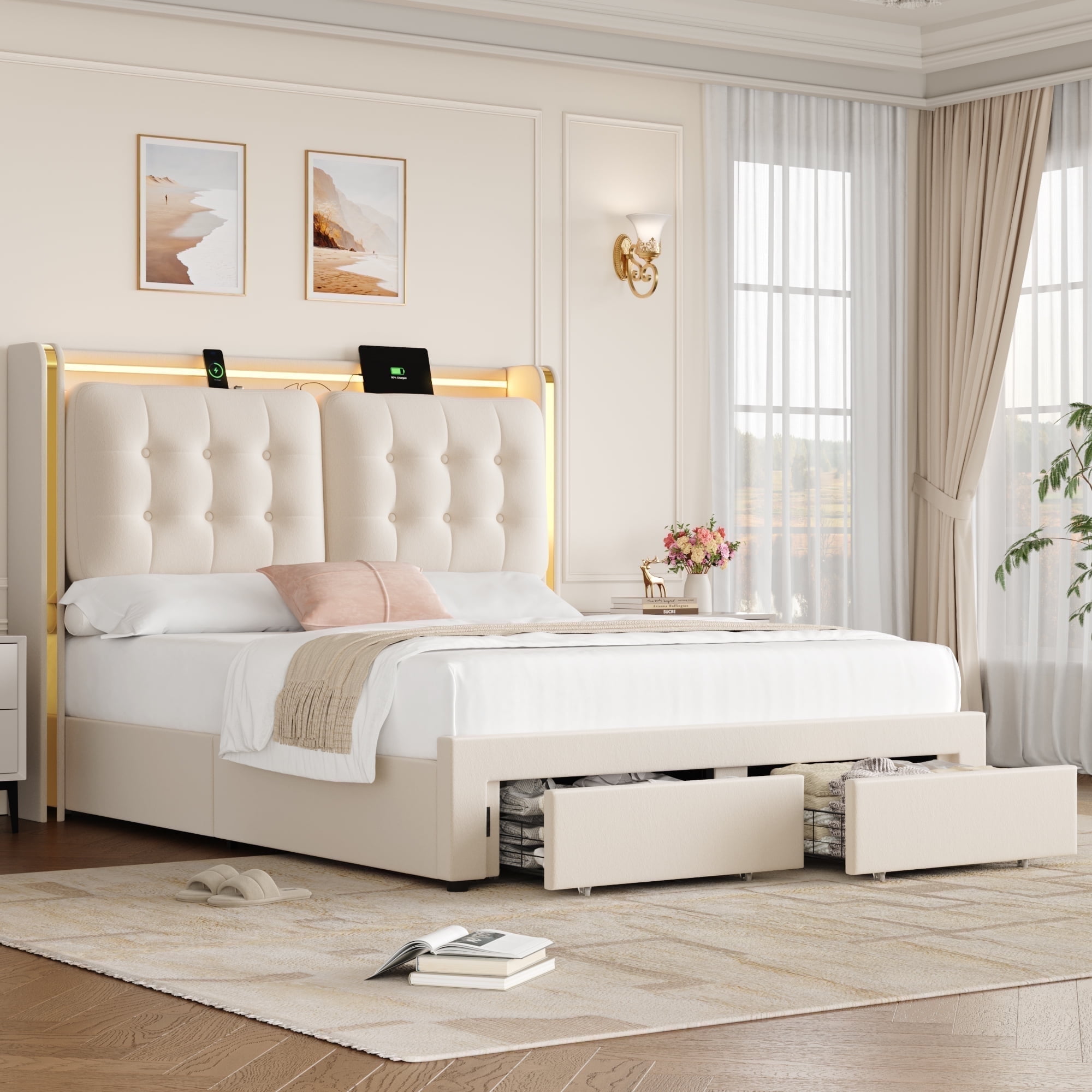 Homfa Full Size Wingback Upholstered Storage Bed Frame, Velvet ...