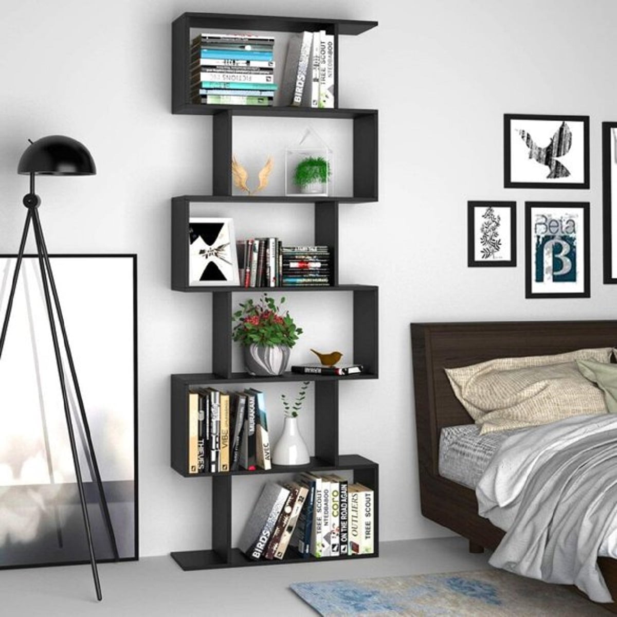 Homfa 6-Tier Wooden Geometric Bookcase, S-Shape Black Storage Display ...