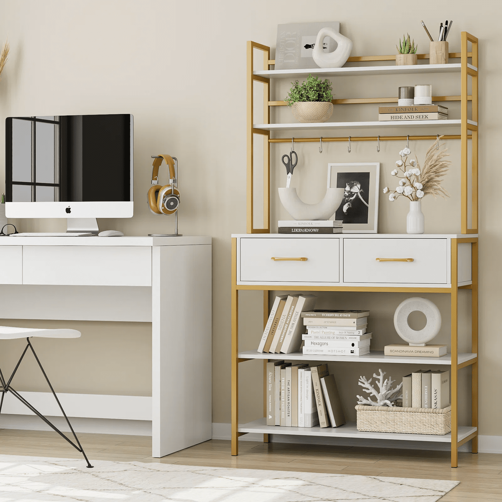 Homfa Gold Ladder Shelf 5 Tier Bookcase with 2 Drawers Ideal for Office Kitchen Living Room Walmart