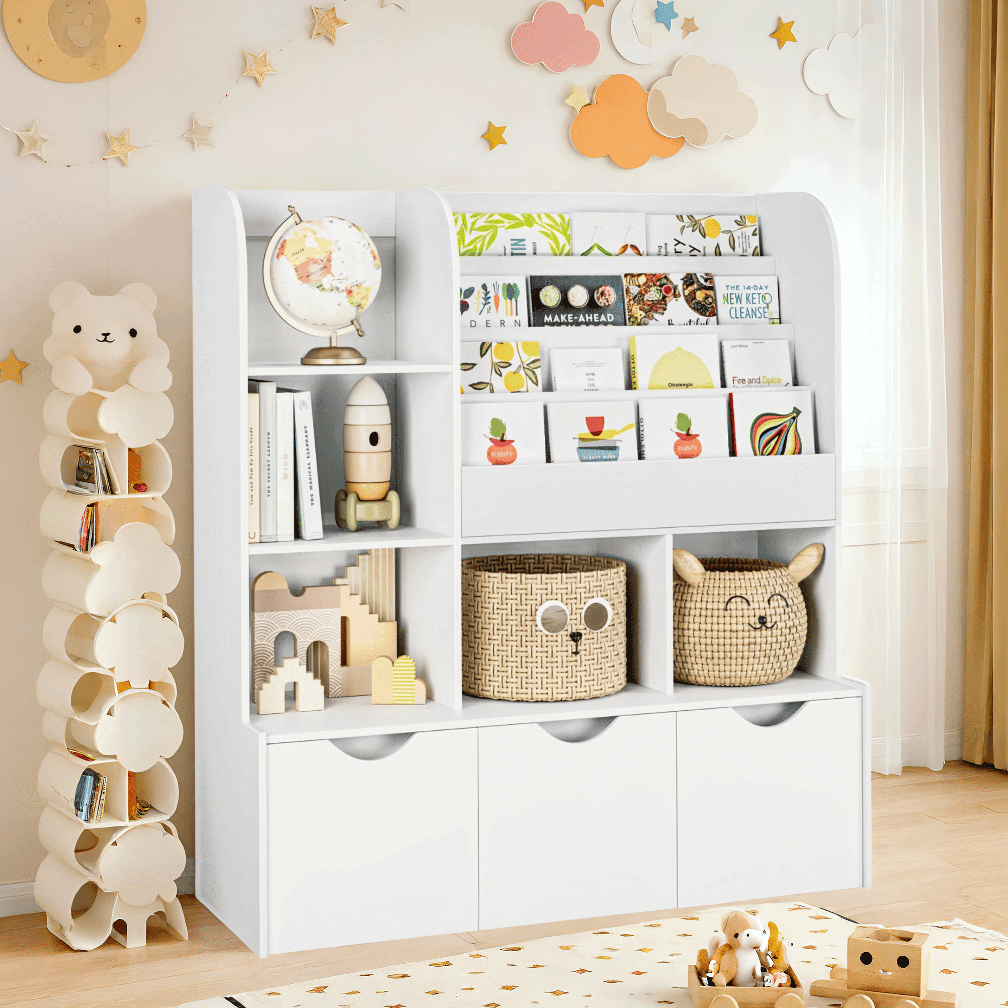 Homfa Kid's 5-Cube Bookcase with 3 Drawers, Toy Organizer, Bedroom ...