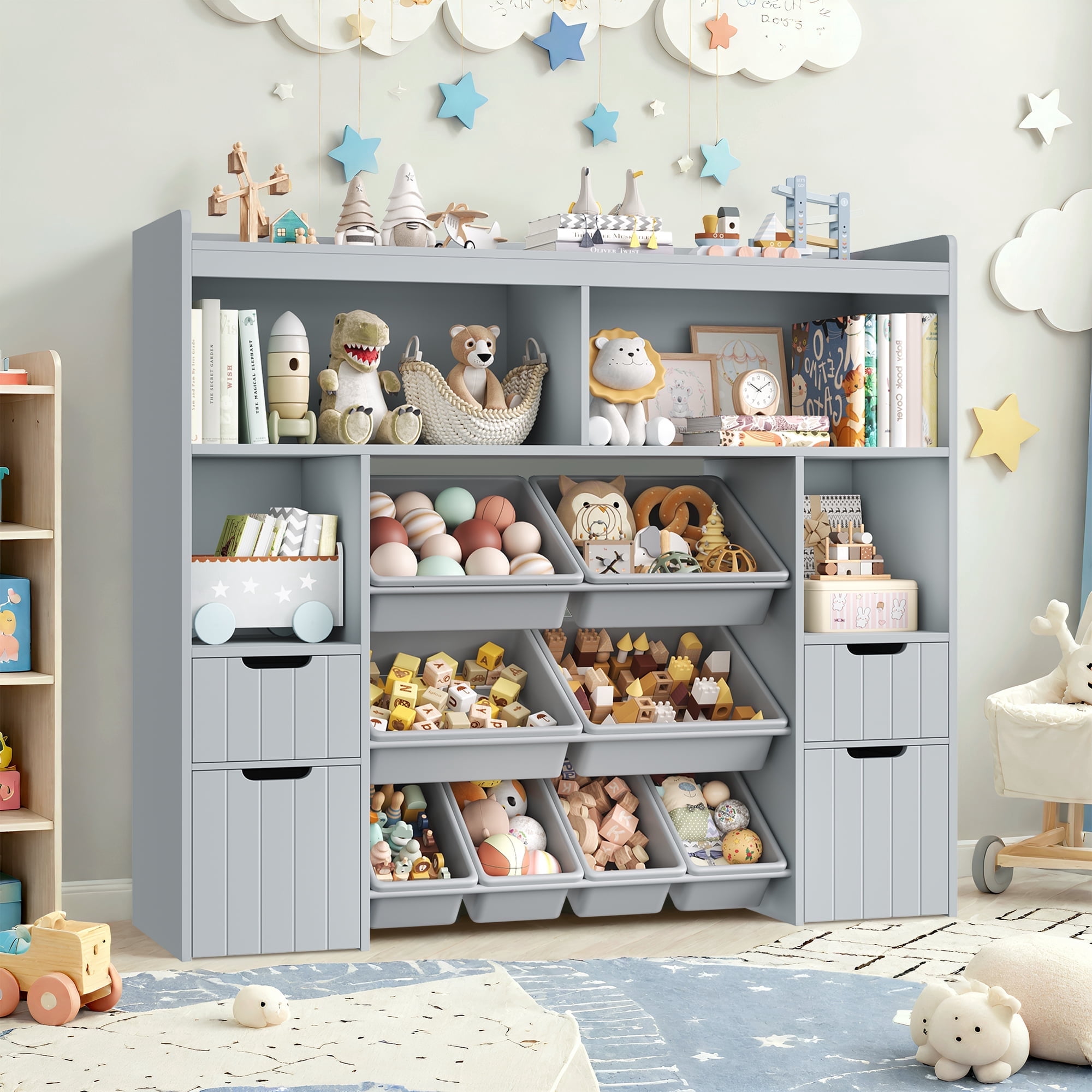 Homfa Kids Bookcase with 4 Wood Drawers, Kids Toy Storage Cabinet with ...