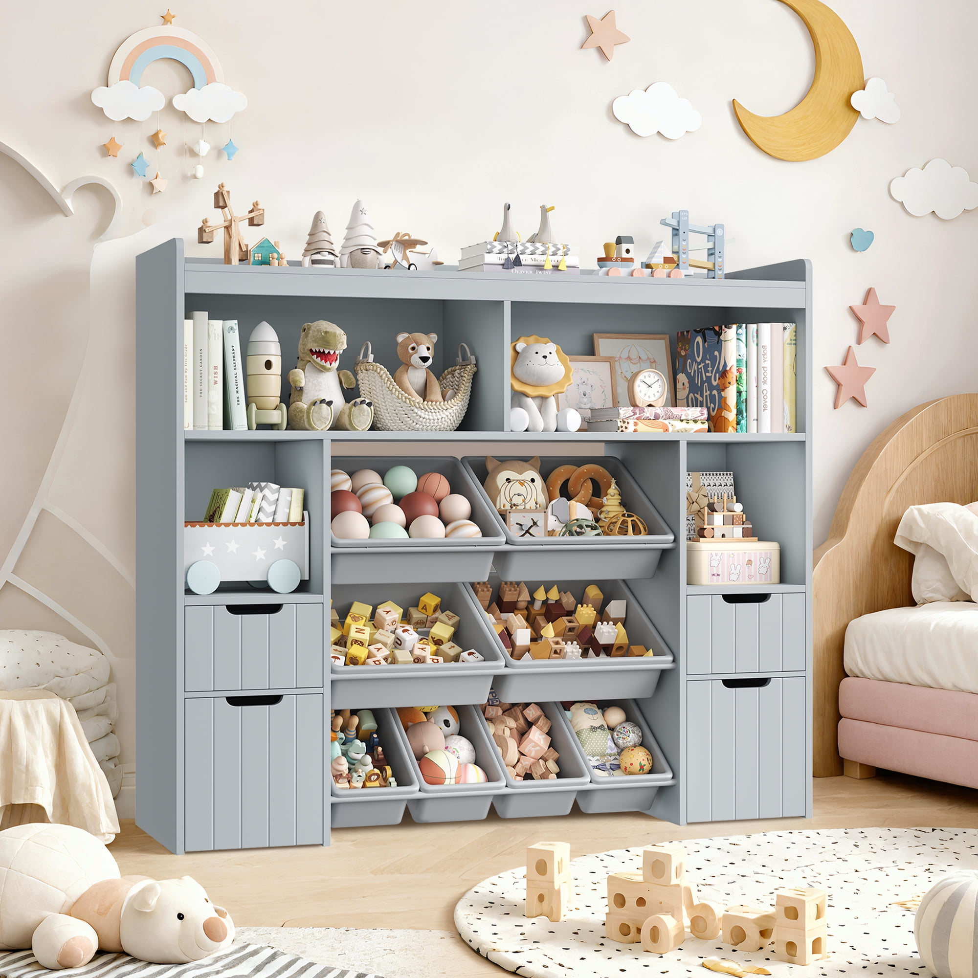 Homfa Kids Bookcase with 4 Wood Drawers, Kids Toy Storage Cabinet with ...