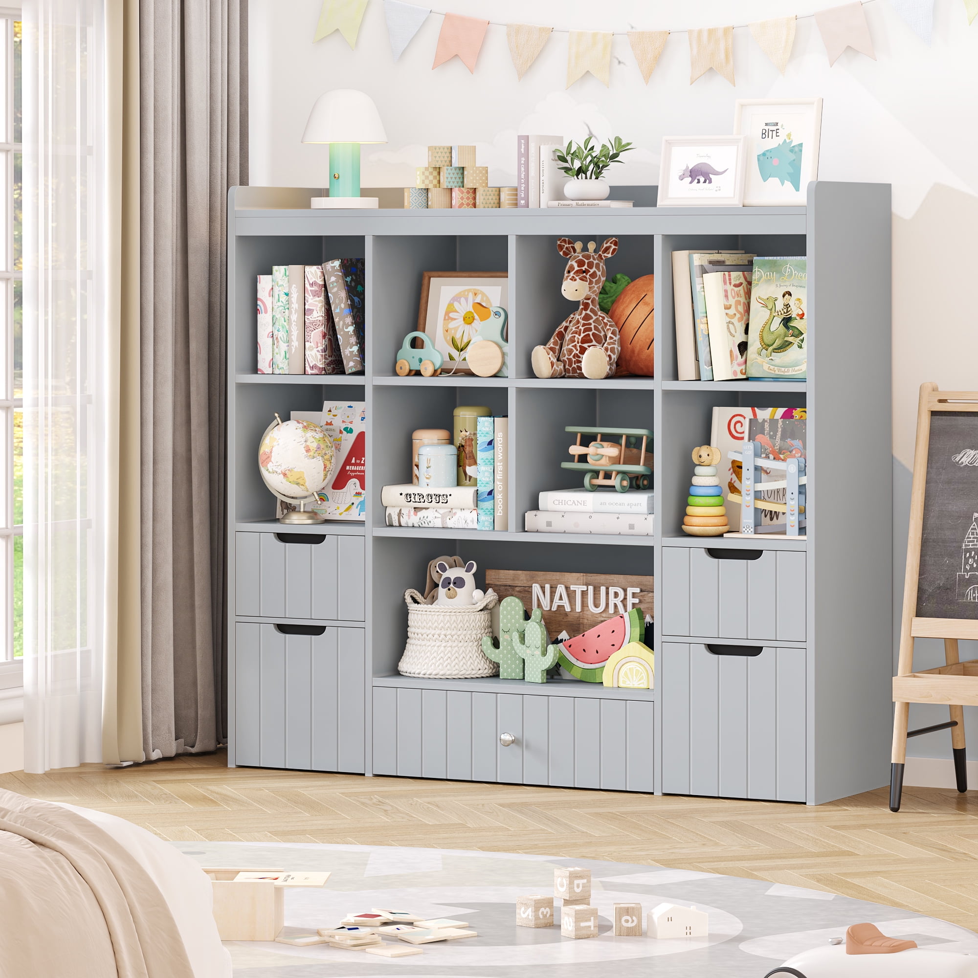 Homfa Kids Bookcase with 5 Wood Drawers, Kids Toy Storage Cabinet with ...