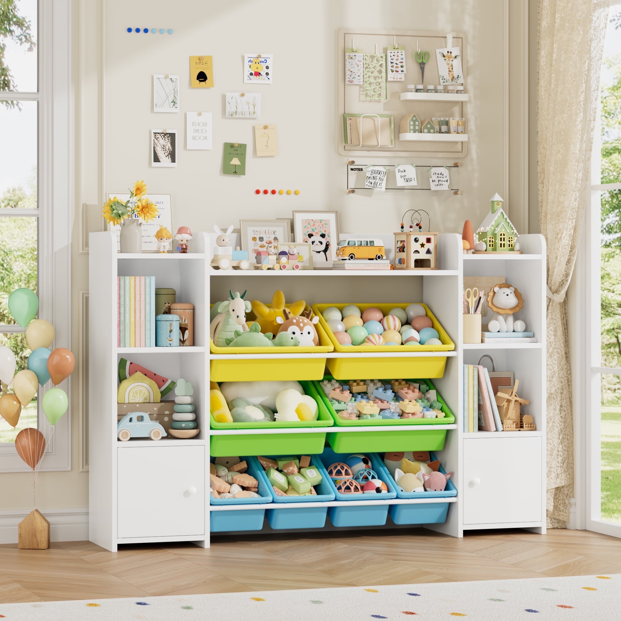 Homfa Kids Bookcase with 9 Colorful Bins and 2 Doors, White Toy Storage ...
