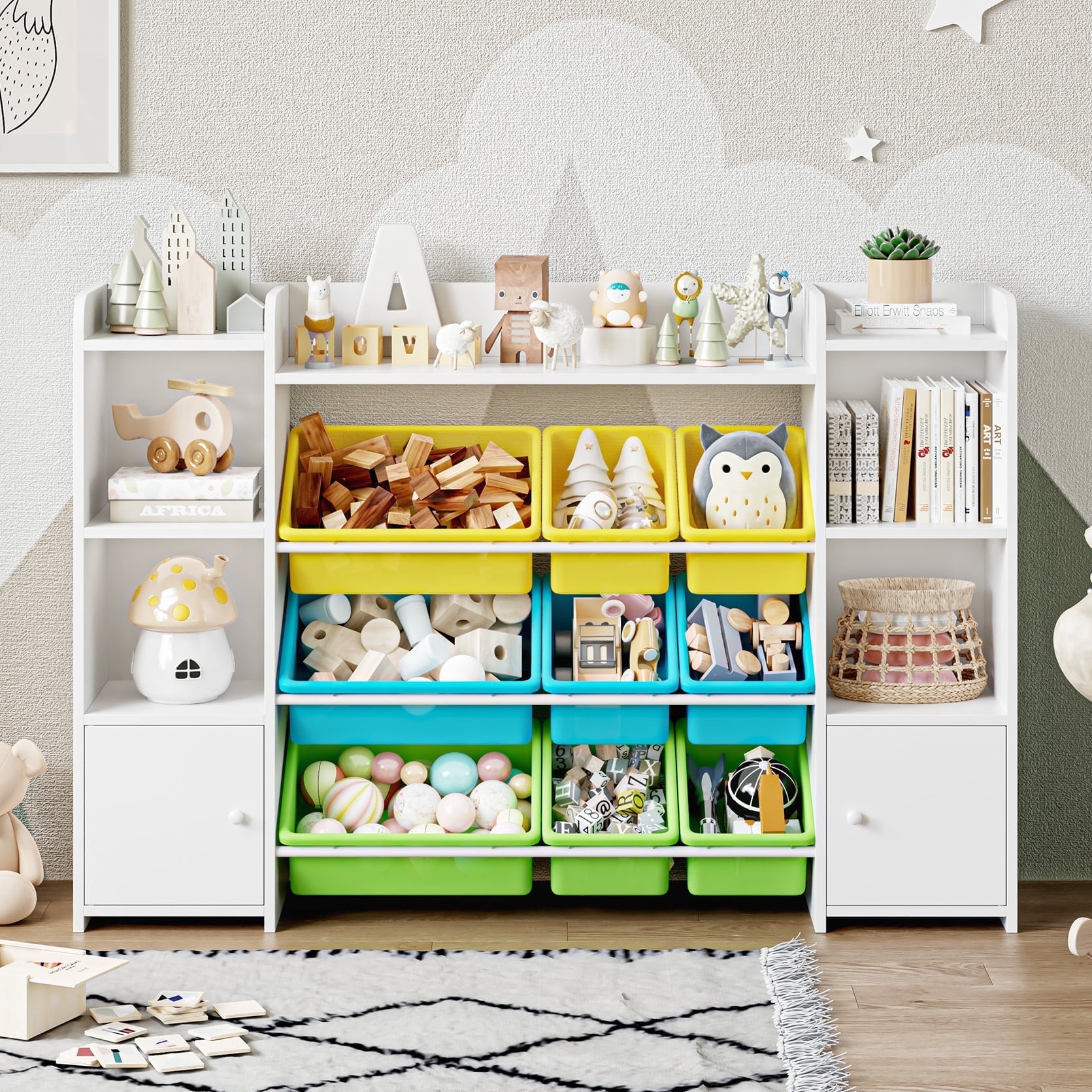 Homfa Kids Bookcase with 9 Bins, White Toy Cubby Storage Organizer ...