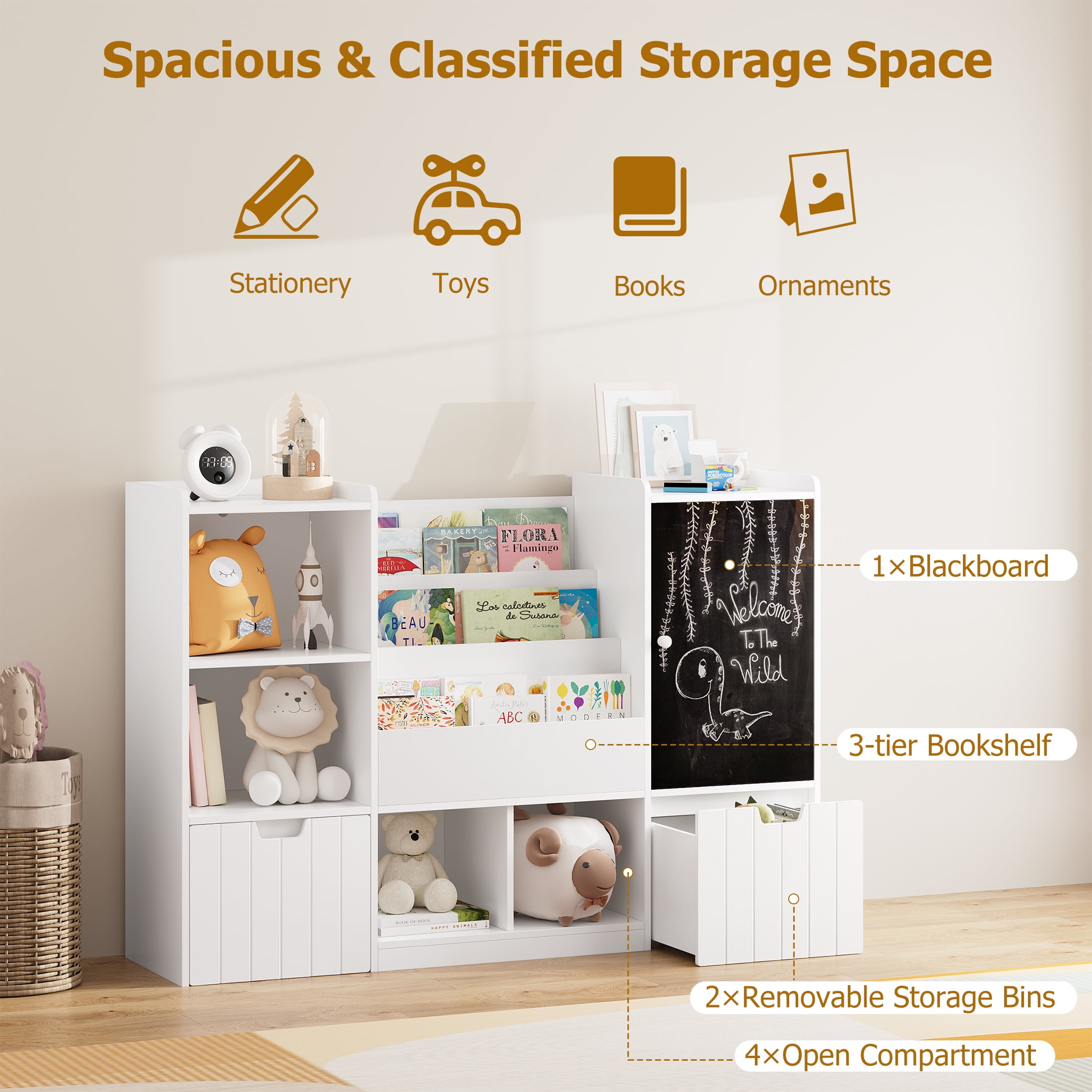 Homfa Kids Bookshelf with Blackboard, Nursery Bookcase with Cubby and ...