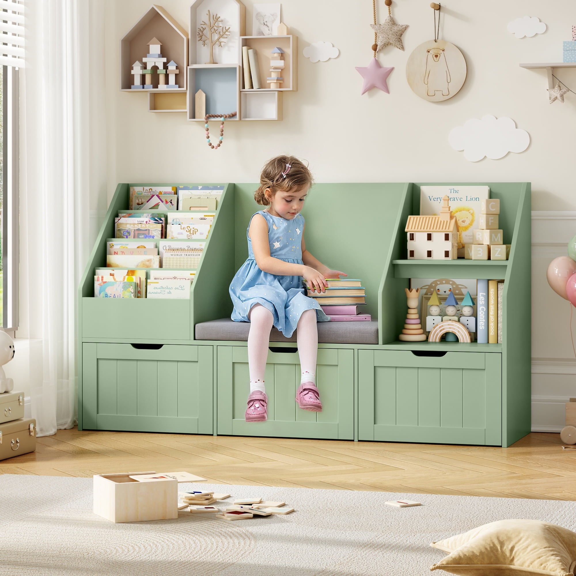 Homfa Kids Bookshelf with Reading Nook & 3 Movable Drawers, 2 Cube ...