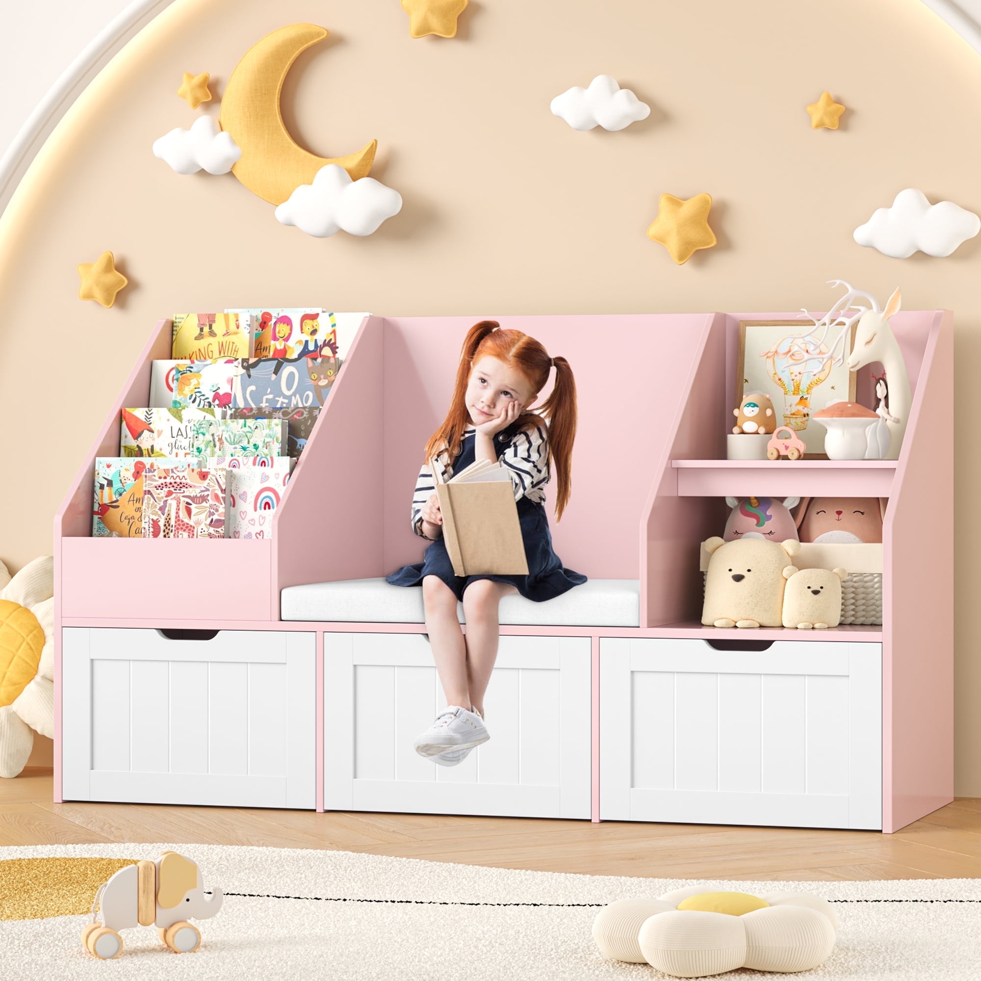 Homfa Kids Bookshelf with Reading Nook & 3 Movable Drawers, 2 Cube ...