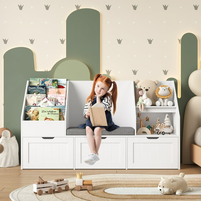 Homfa Kids Bookshelf with Reading Nook & 3 Movable Drawers, 2 Cube ...