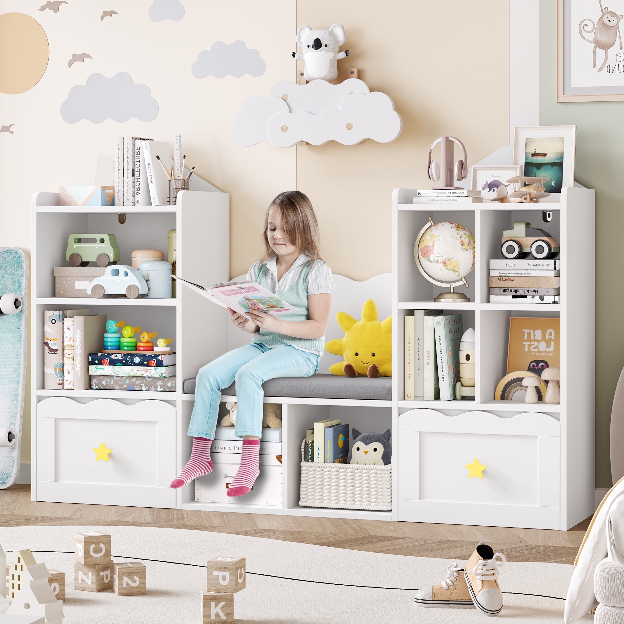 Homfa Kids Bookshelf with Reading Nook, Kids Storage Cabinet with 8 ...