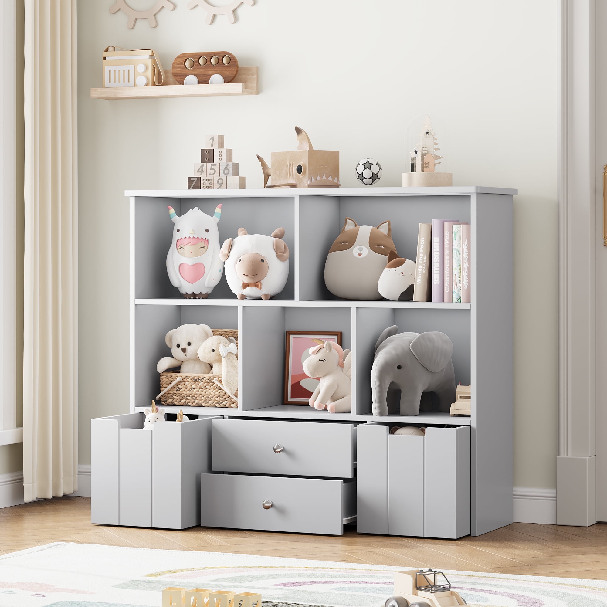 Homfa Kids Toy Storage Organizer 5 Cubby Children Bookcase and Bookshelf with 4 Drawer on Wheels for Playroom Nursery School Gray