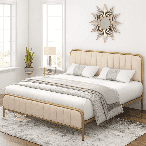 GAOMON King Size Bed Frame with Headboard Heavy Duty Gold Metal Platform Bed Upholstered Platform with Storage No Box Spring Needed in Beige Sturdy