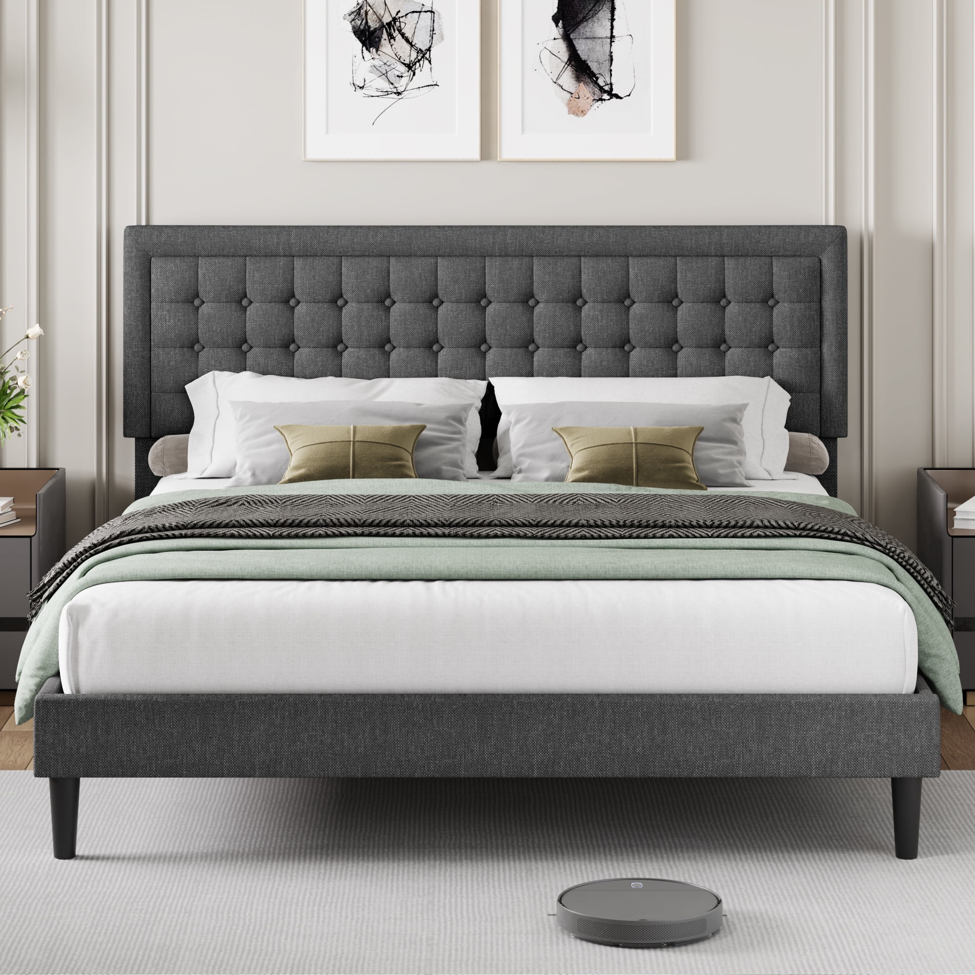 Homfa King Size Bed Frame for Bedroom, Modern Linen Fabric Bed Frame ...