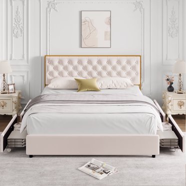 Homfa Full Size Bed Frame with Storage, 4 Drawers, Button Tufted ...