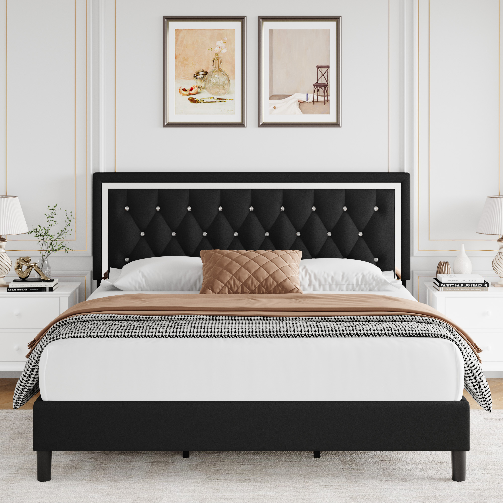 My Texas House Anna Upholstered Diamond Tufted Platform Bed, King, Oat ...