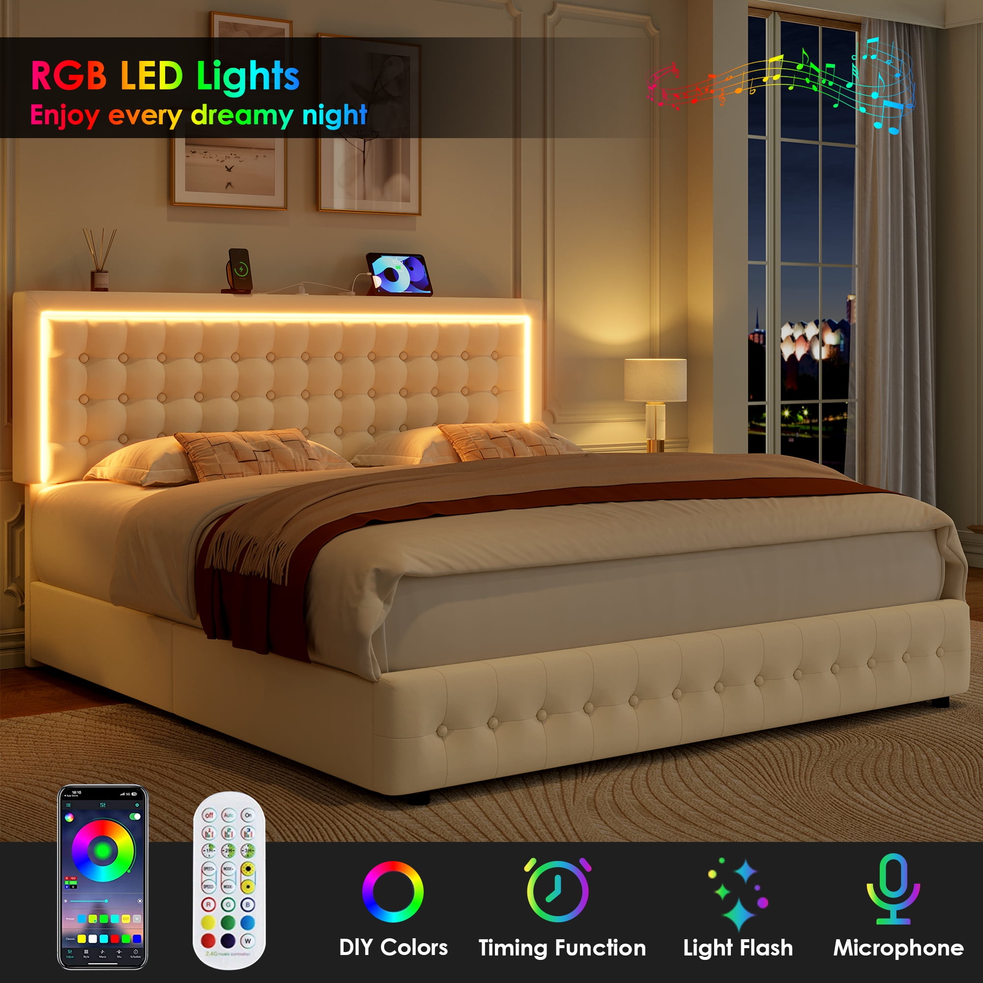 Homfa King Size LED Bed Frame with 4 Drawers, Velvet Platform Bed with ...