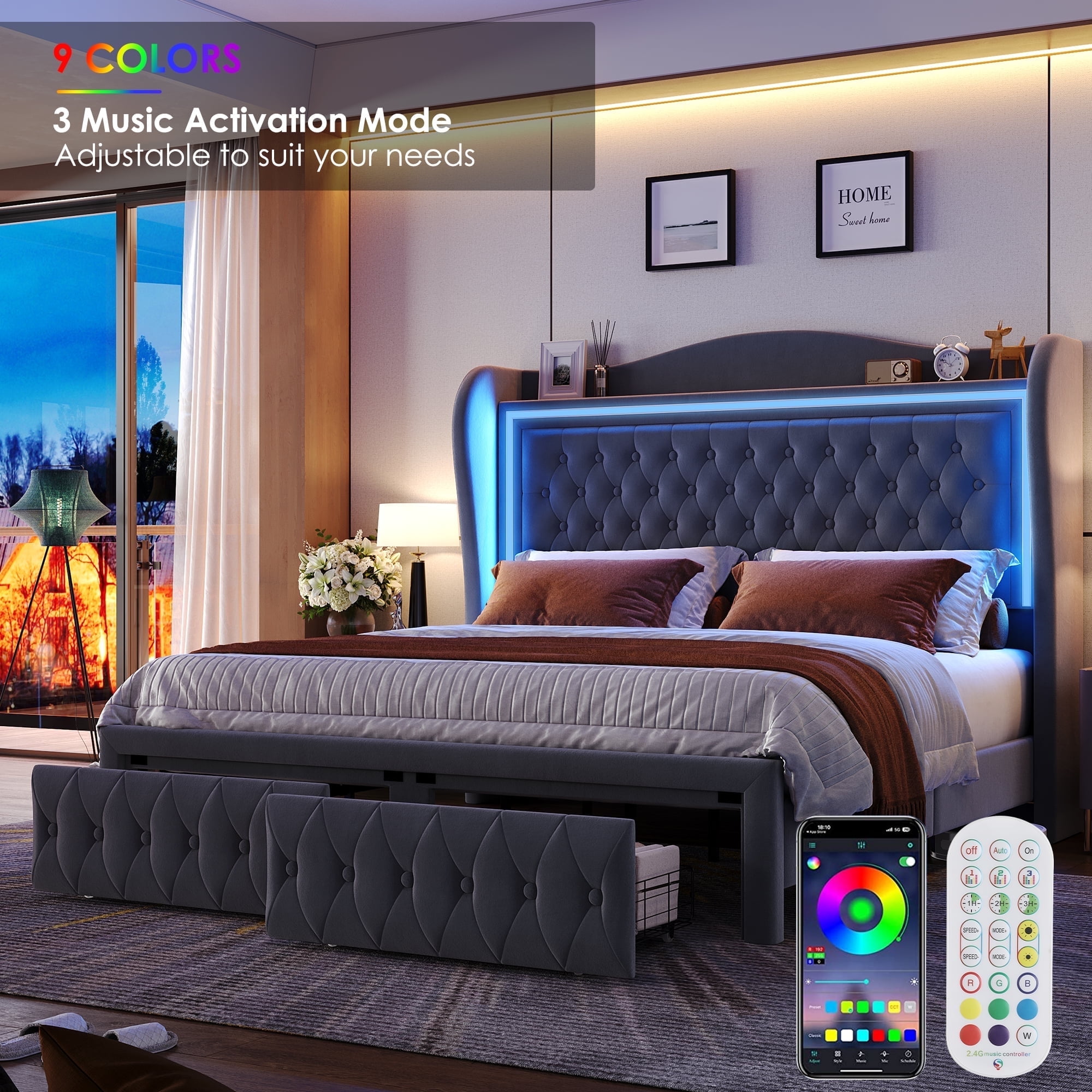 Homfa King Size LED Bed Frame with Storage Drawers, Velvet Upholstered ...