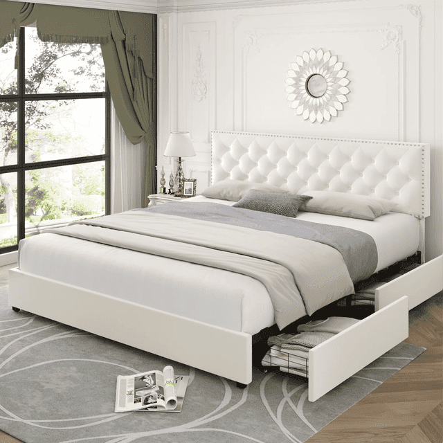 Homfa King Size Bed with 4 Storage Drawers, Velvet Upholstered Platform ...