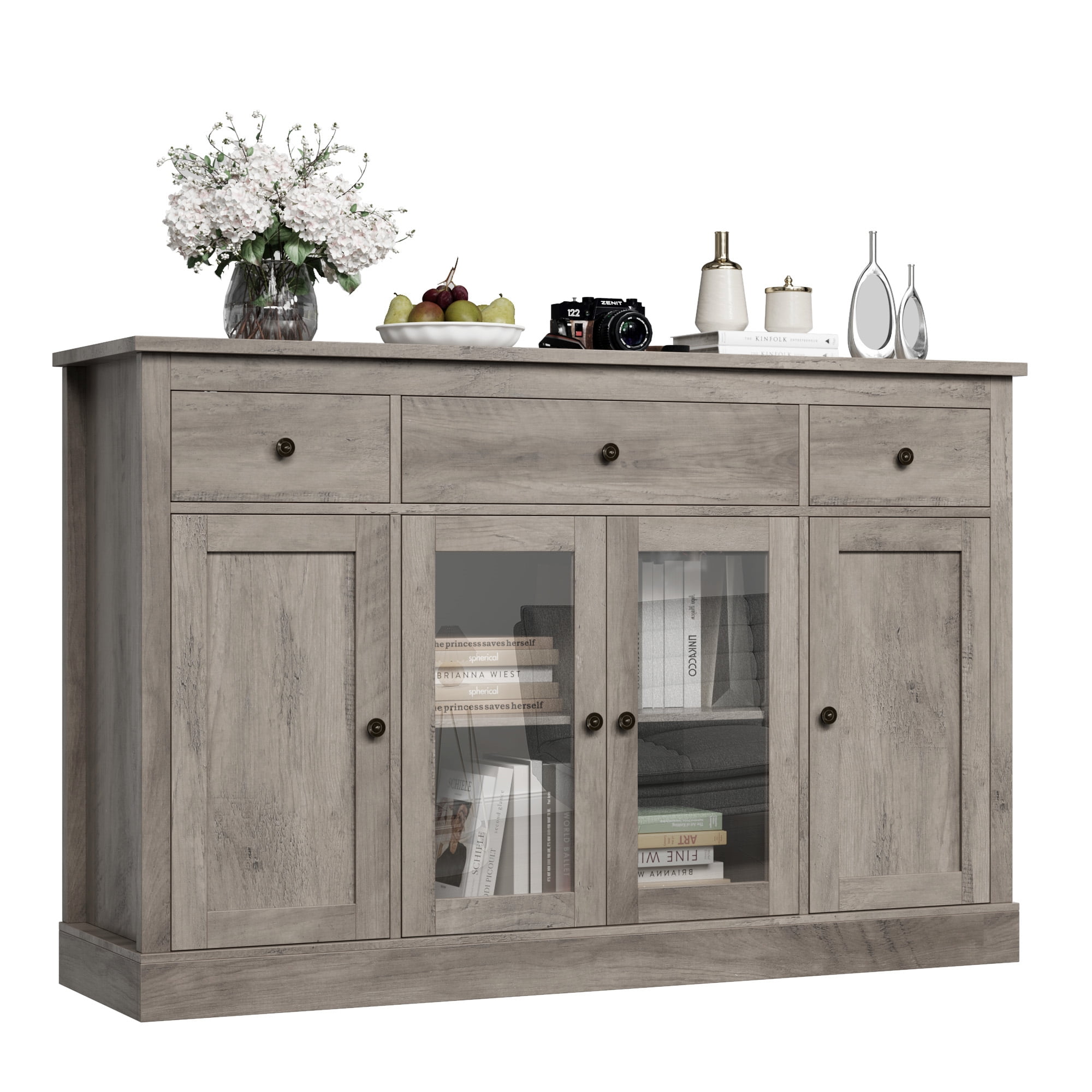 Homfa 55.1'' W Gray Buffet Cabinet, Adjustable Shelf, 3-Drawer Sideboard, Coffee Bar - Walmart.com