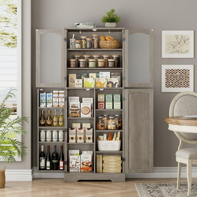 Homfa Kitchen Food Pantry Cabinet, 63.5''H Storage Cabinet with Frosted ...