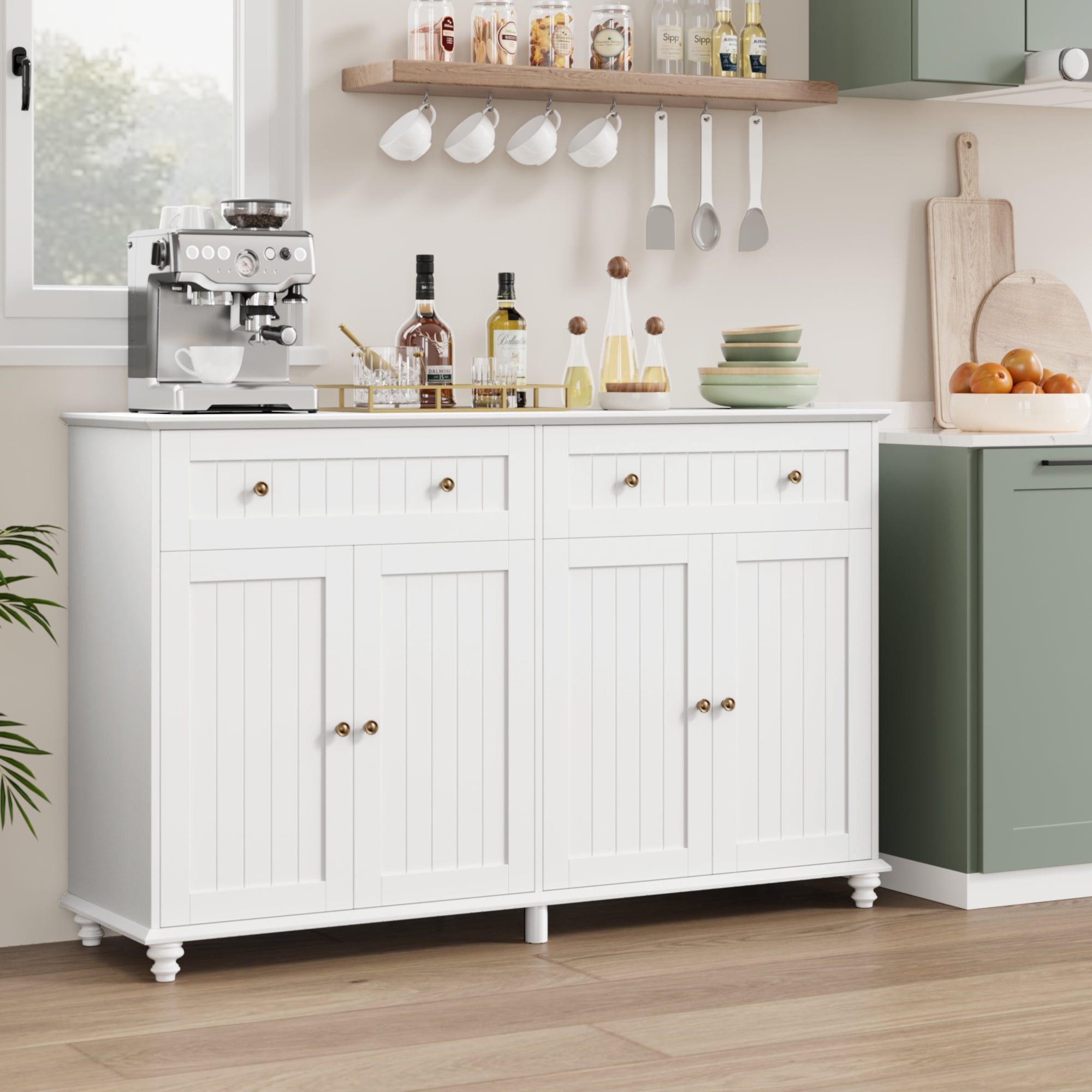 Homfa Kitchen White Buffet Cabinet with Adjustable Shelf, 4-Doors 2 ...