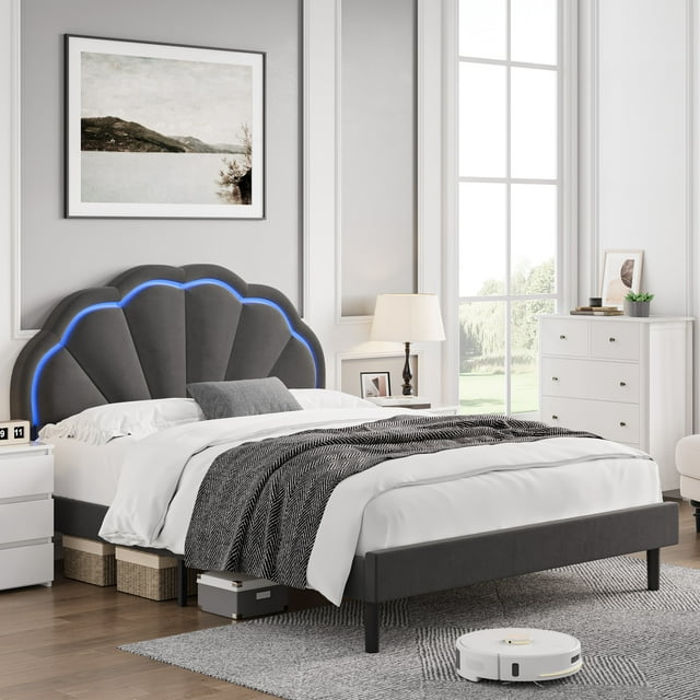 Homfa LED Bed Frame, Full Size Bed for Kids Girls, Velvet Upholstered ...