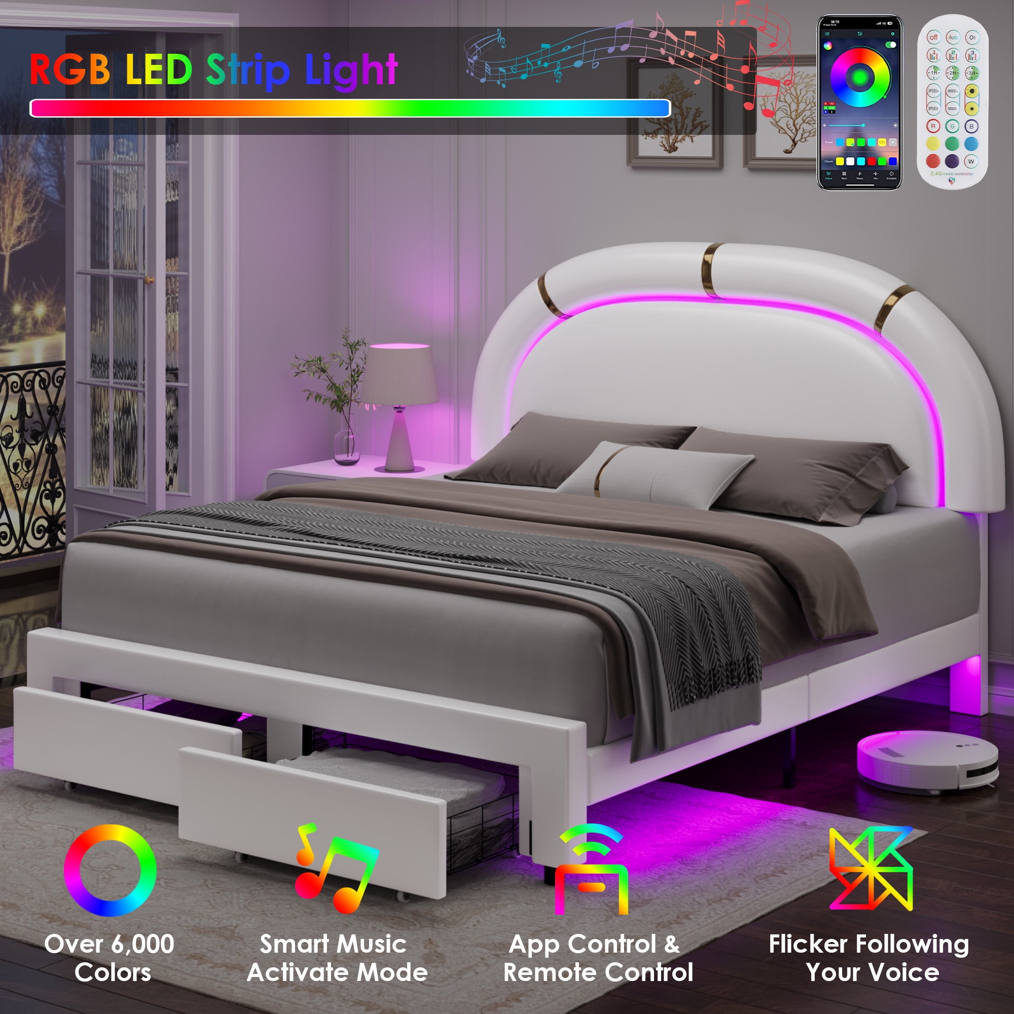 Modern Champagne Faux Finish 5pc Twin Size LED Backlit HB Bed Dresser ...