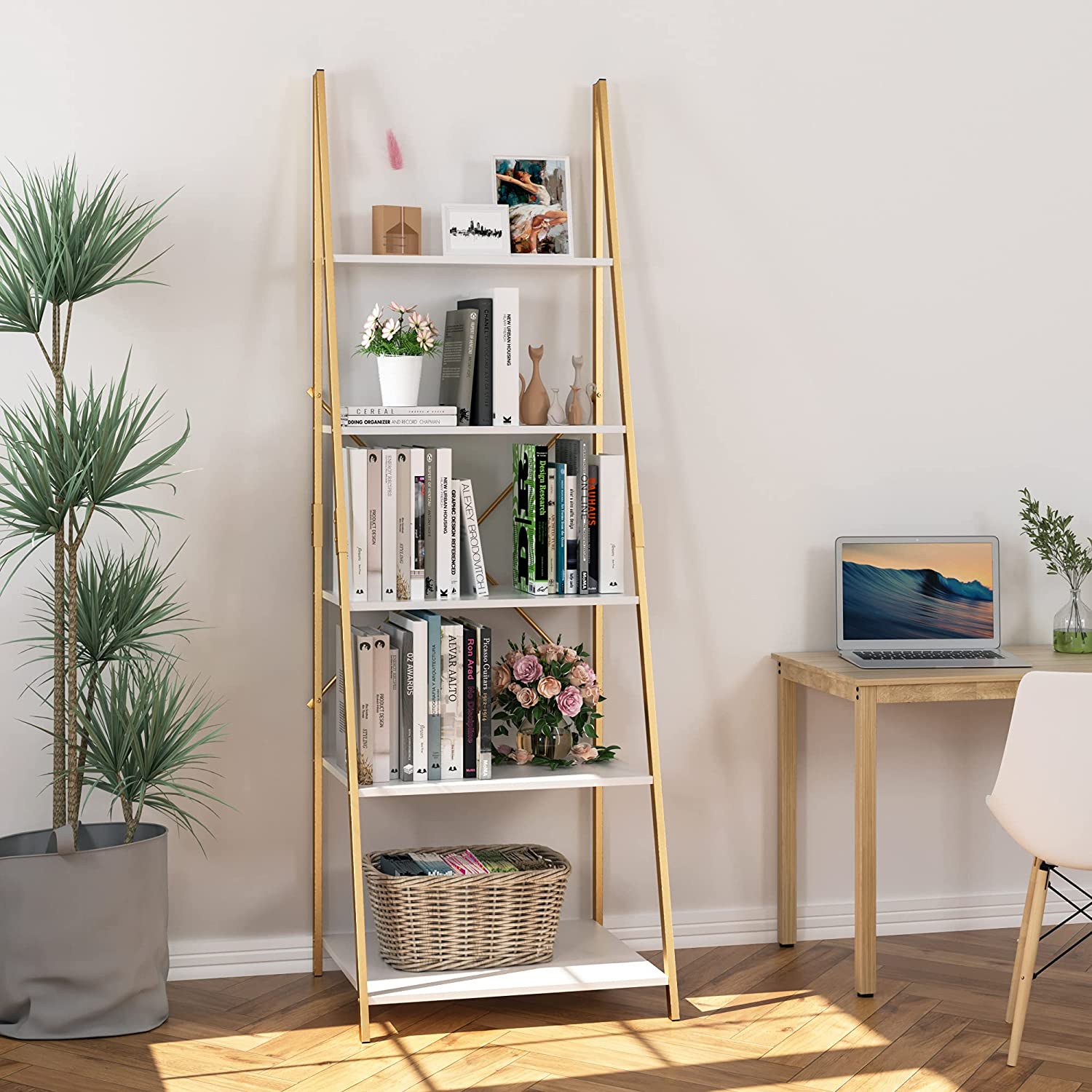 UBesGoo 5-Shelf Modern Wall-leaning Ladder Bookshelf & Bookcase Display ...
