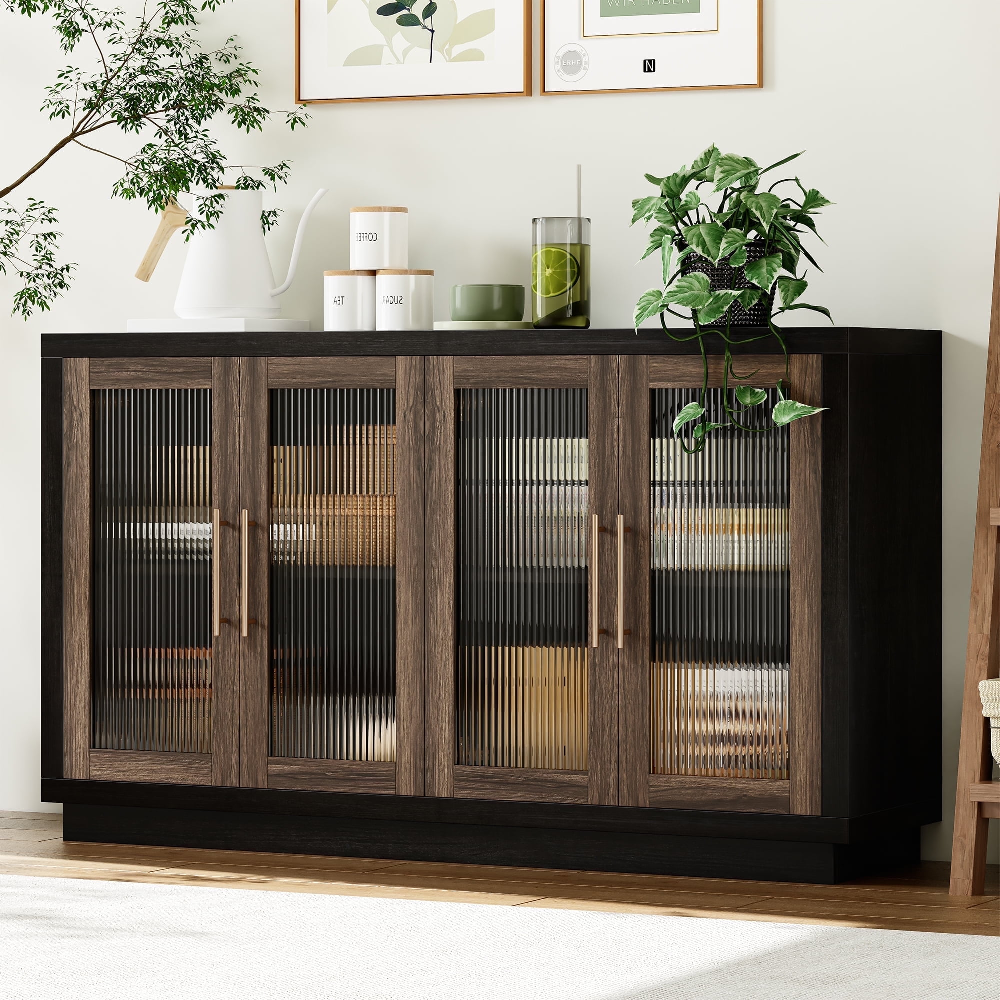 Homfa Living Room Dining Storage, Modern Sideboard Buffet, Glass Doors ...