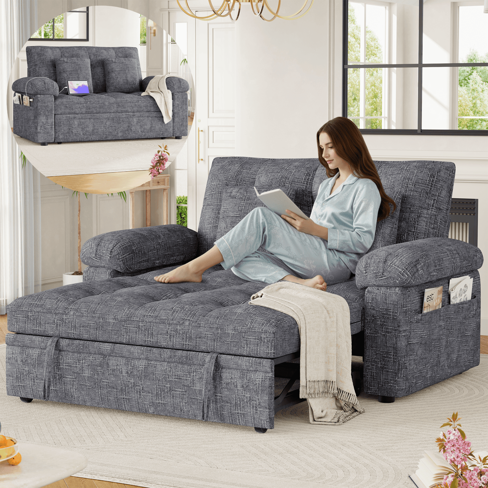Homfa Modern Sleeper Sofa with Pull-Out Bed, Space-Saving Loveseat with ...