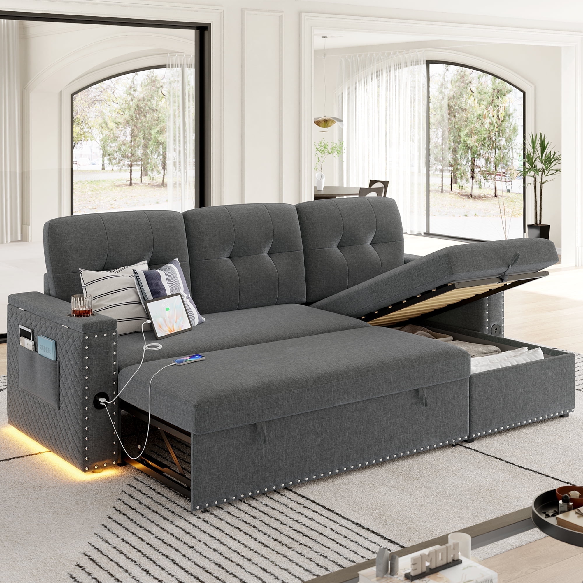 Homfa Modern Sleeper Sofa with Pull-Out Bed, L-Shaped 3-Seat Sofa with ...