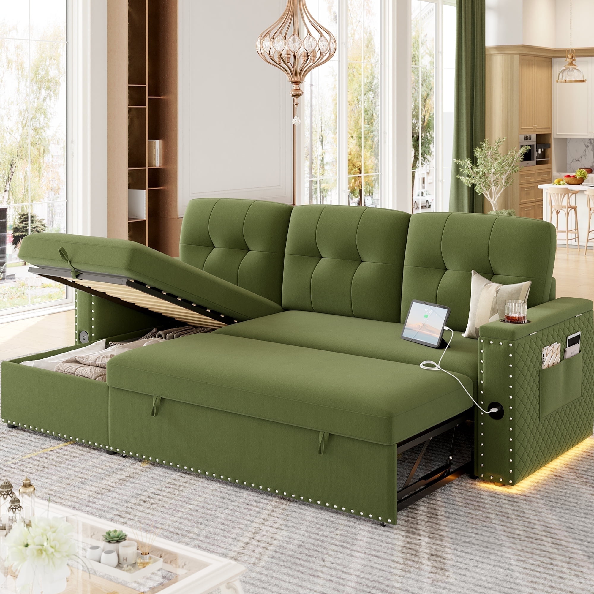 Homfa Modern Sleeper Sofa with Pull-Out Bed, L-Shaped 3-Seat Sofa with ...