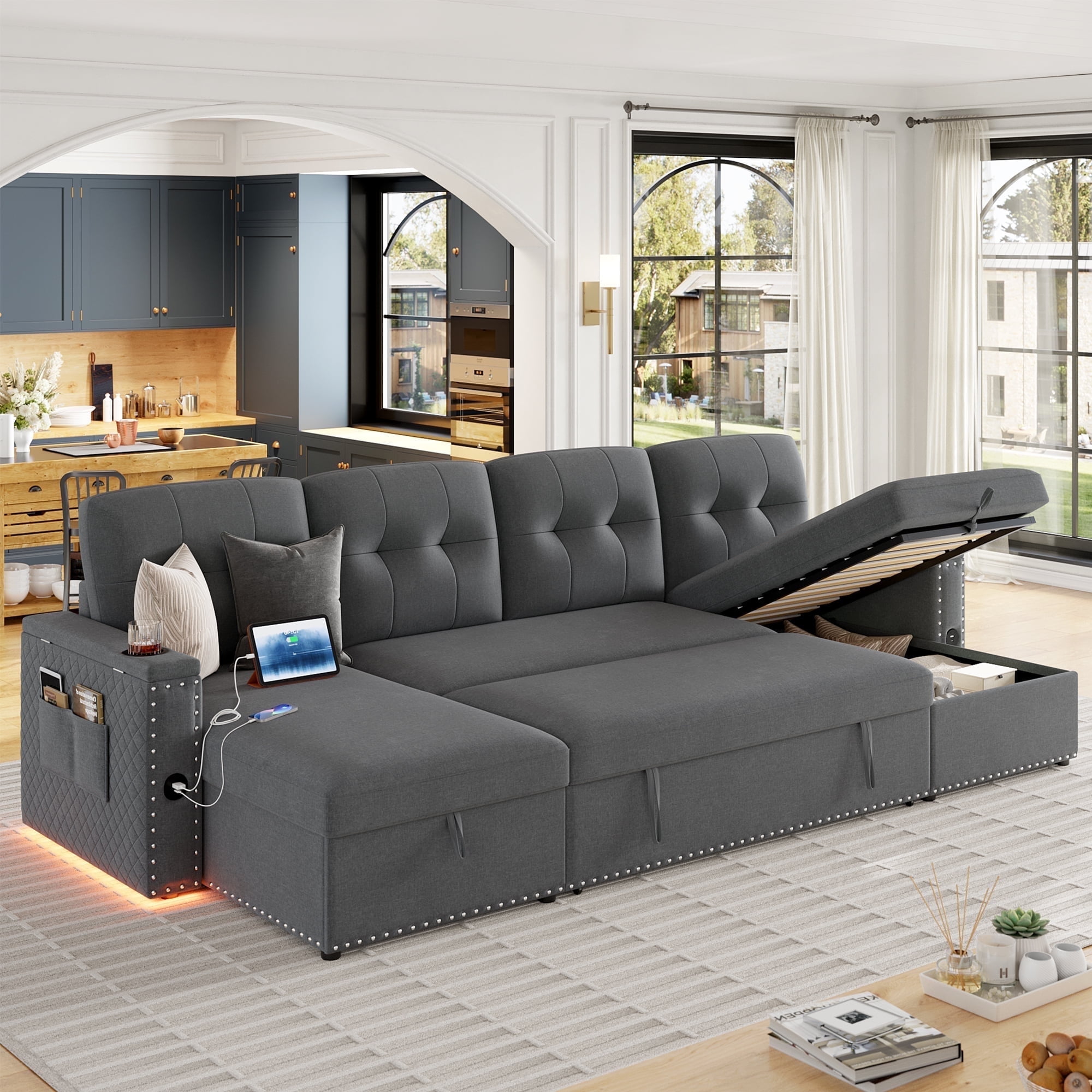 Homfa Modern Sleeper Sofa with Pull-Out Bed, U-Shaped 6-Seat Sofa with ...