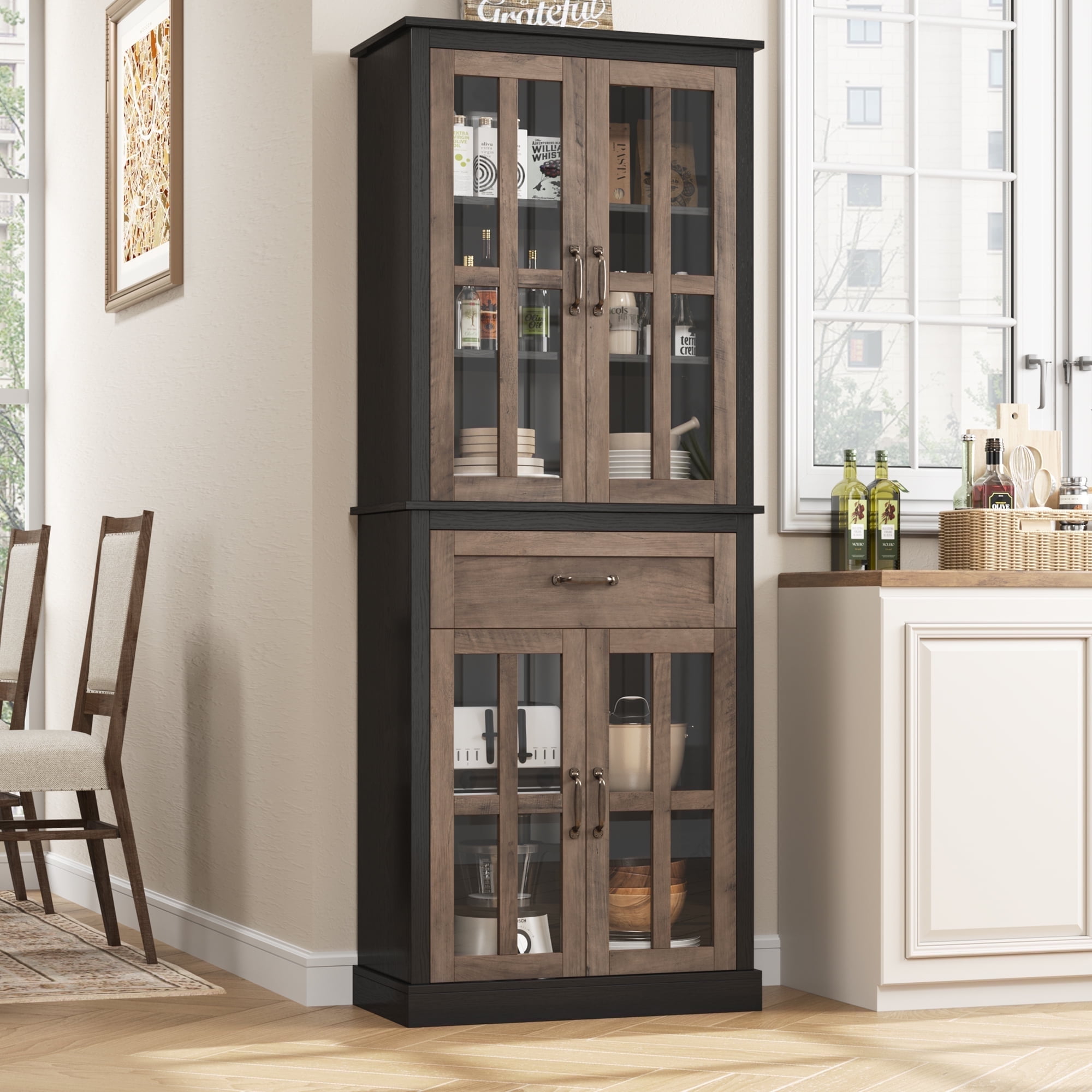 Homfa Storage Cabinet with Glass Doors, 71 Inches Tall Kitchen Pantry ...