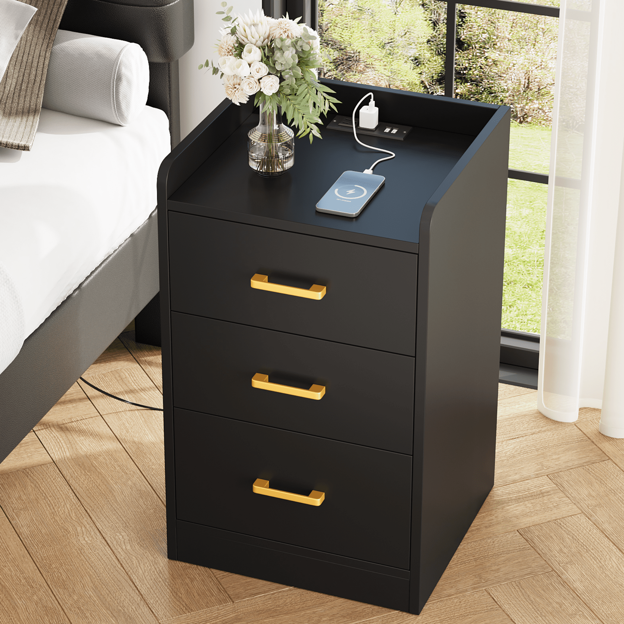 Homfa Nightstand with Charging Station, 3 Drawers Nightstand for ...
