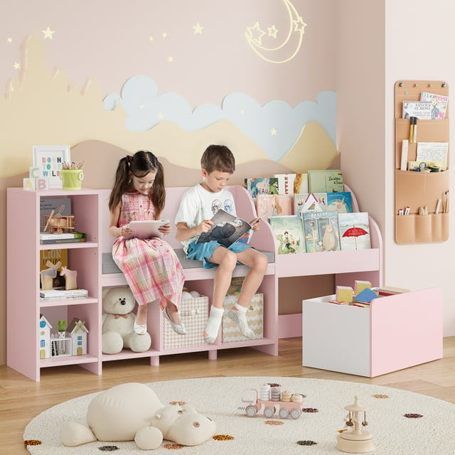 Homfa Pink Kids Bookshelf with Reading Nook, 6 Shelf Bookcase with 1 ...