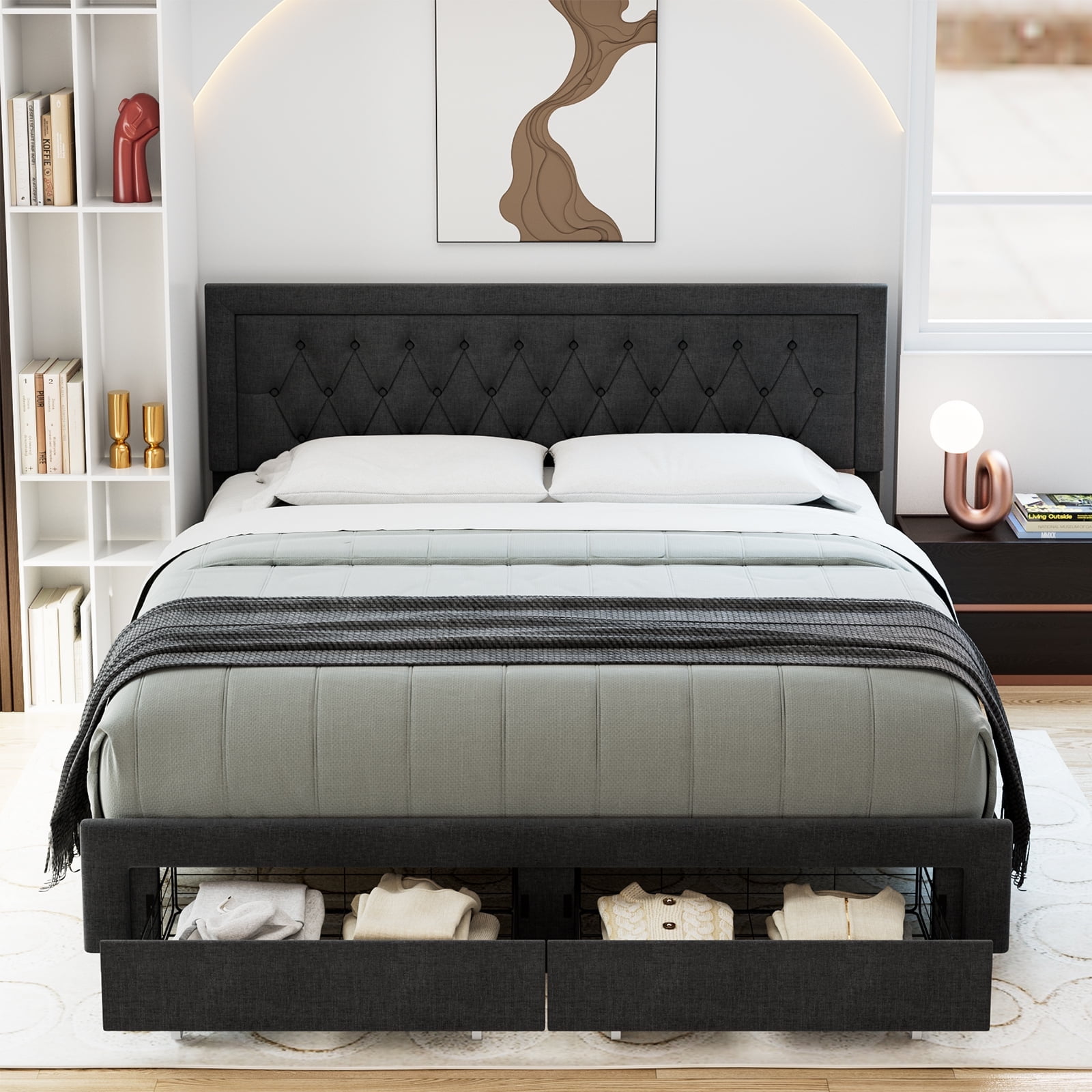 Homfa Queen Bed Frame with 2 Storage Drawers, Adjustable Button Tufted ...