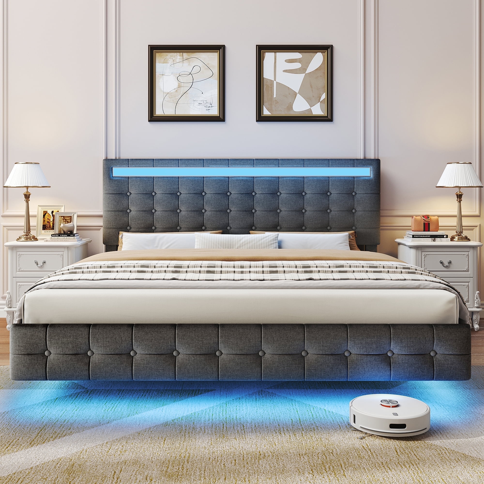 Homfa Queen Floating Bed with Lights, LED Platform Bed Frame with Under ...